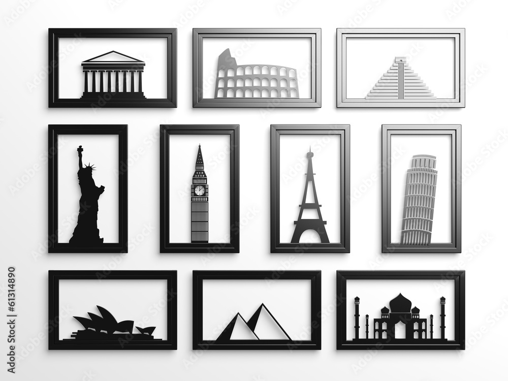 Collection of worlds most famous landmarks in frames Stock Illustration ...
