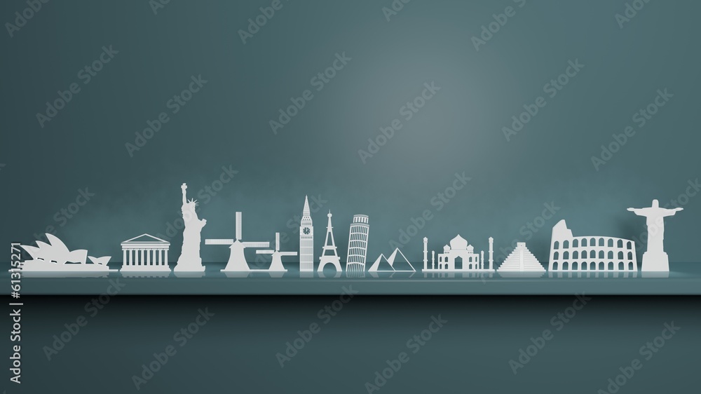 Worlds most famous landmarks figures on wall shelf Stock Illustration ...