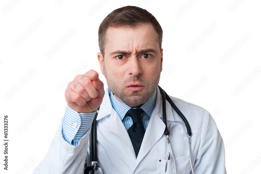 Doctor pointing at you and camera isolated on white background Stock ...