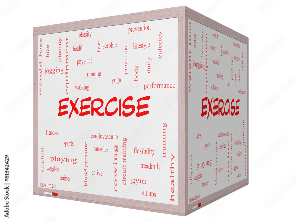 Exercise Word Cloud Concept On A 3d Cube Whiteboard Stock Illustration