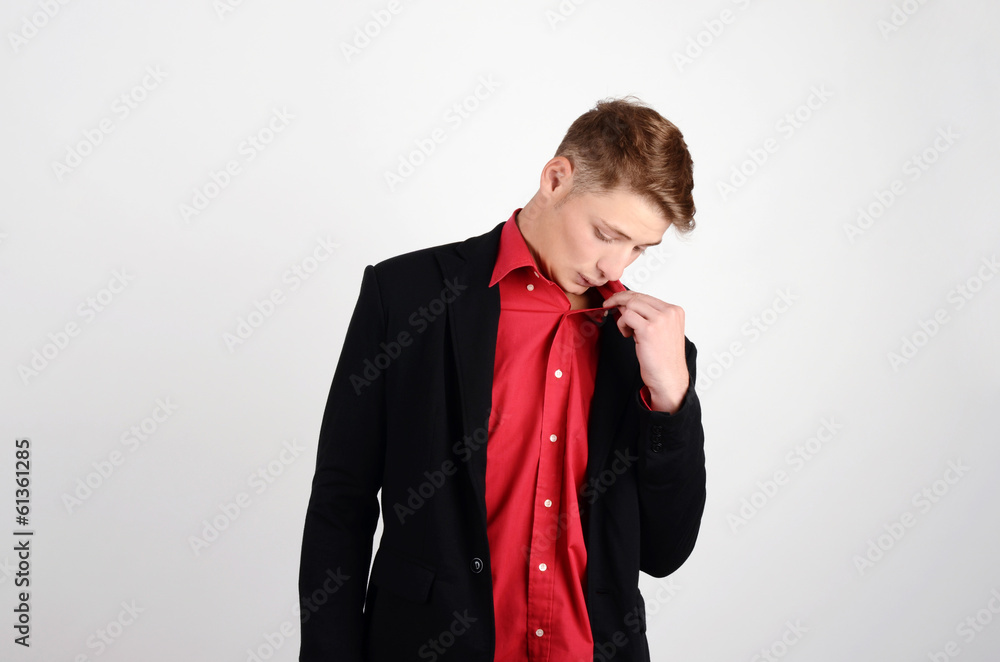 Man looking down,blowing air in the chest,being hot from emotion Stock ...