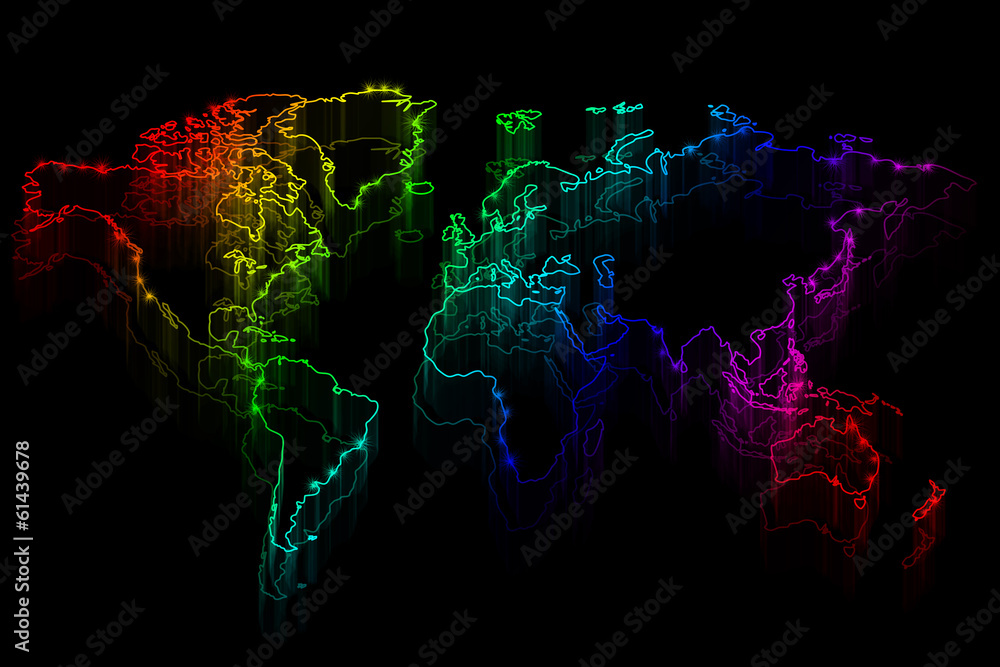 Neon outline map of the world on black background Stock Illustration ...