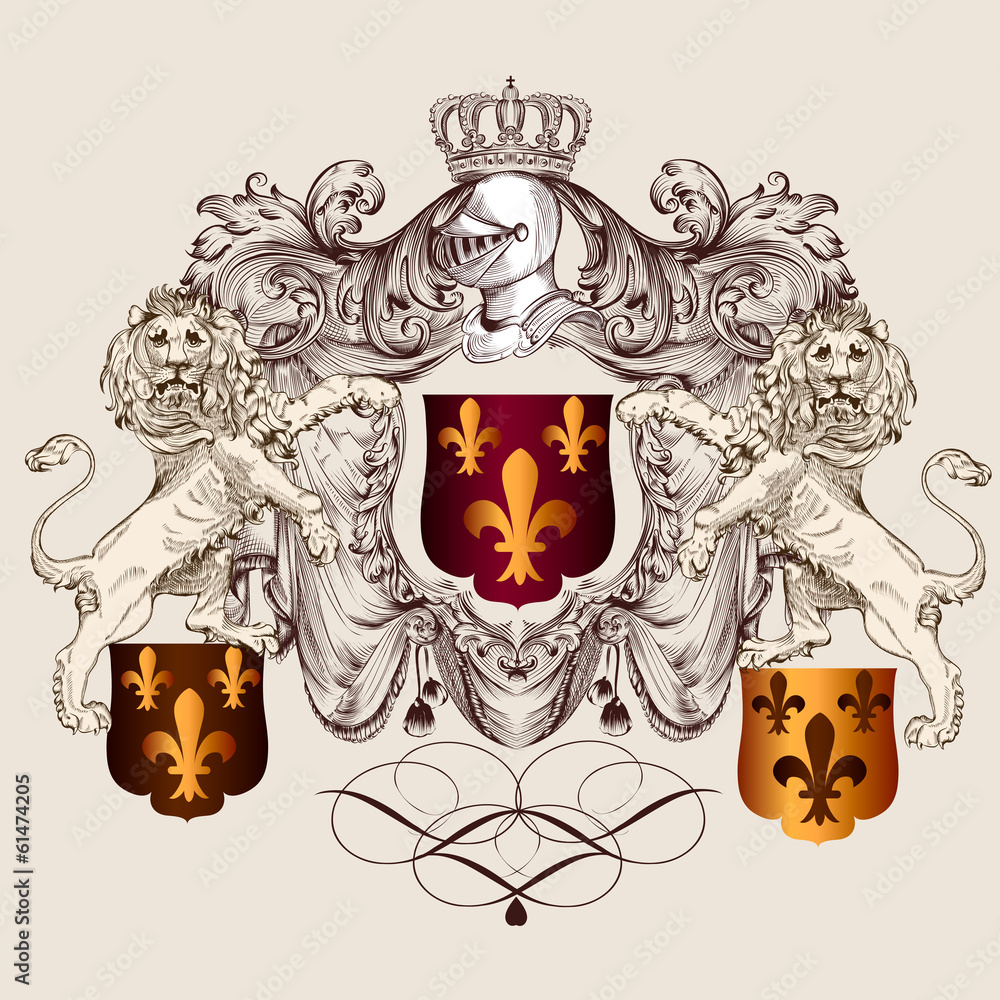 Heraldic shield with lions and fleur de lis Stock Vector | Adobe Stock