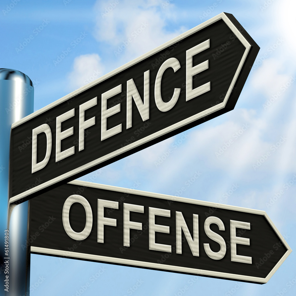 Defence Offense Signpost Shows Defending And Tactics Stock Illustration ...