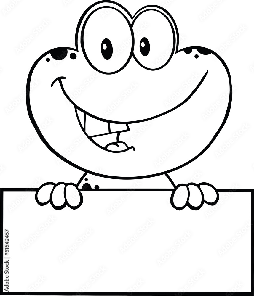 Black And White Cute Frog Cartoon Character Over Blank Sign Stock ...