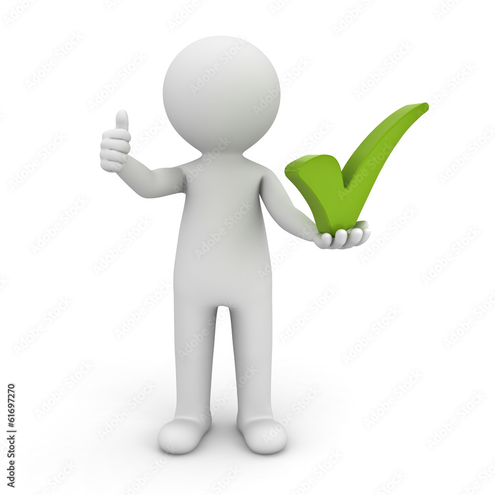 3d man showing thumbs up with green check mark on his hand Stock ...