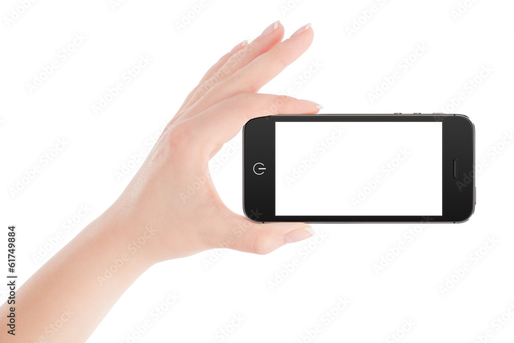 Female hand holding black smartphone in landscape orientation Stock ...
