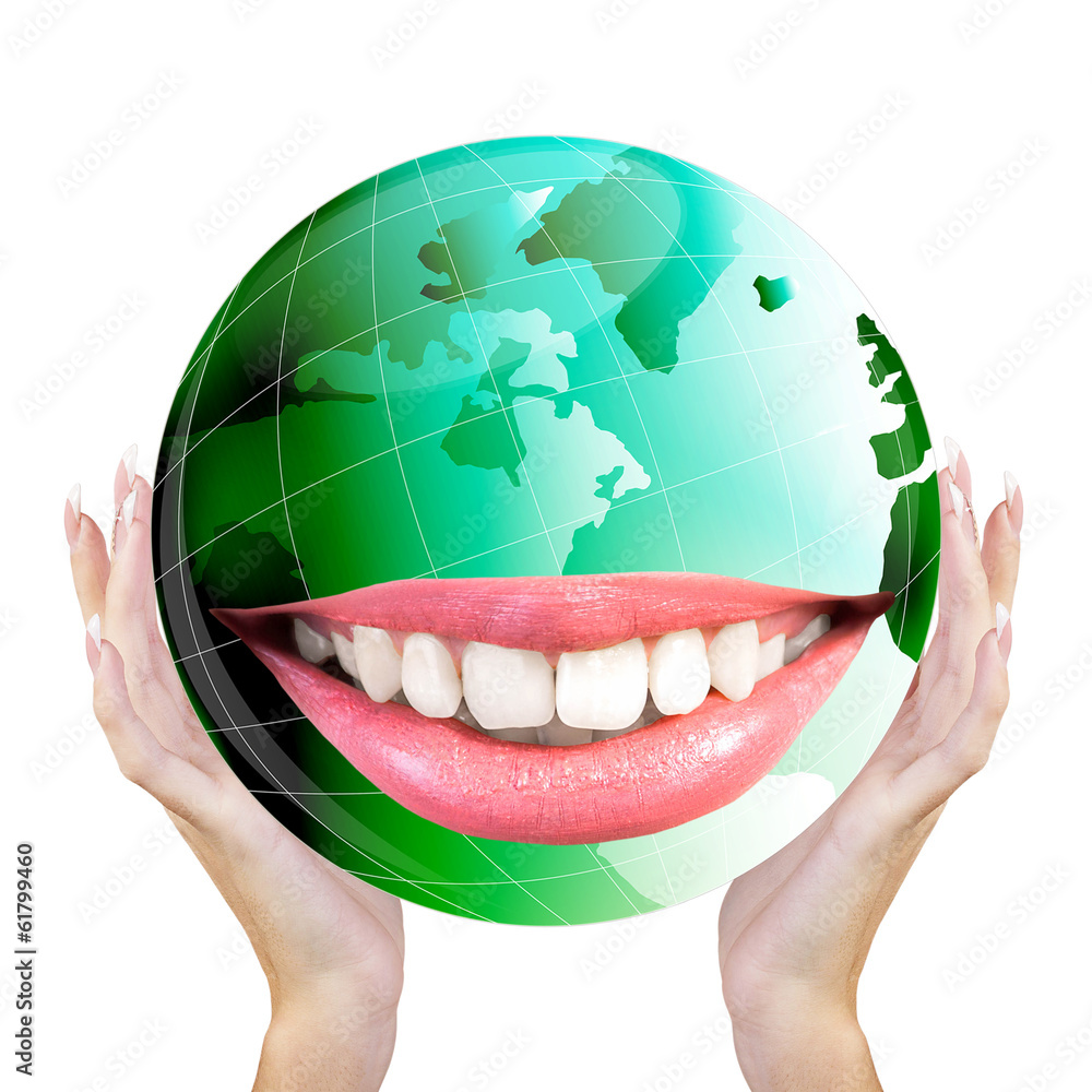 Smiling Green Globe Planet Earth white smile teeth.Ecology Stock Photo ...