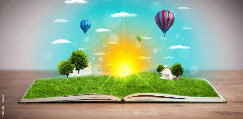 Open book with green nature world coming out of its pages Stock Photo ...