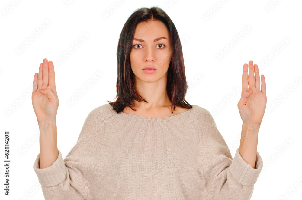 young woman shows sign and symbol on white background Stock Photo ...