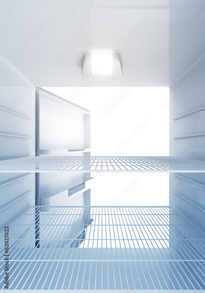 Inside view of an empty Modern Fridge with Blue Light Stock ...