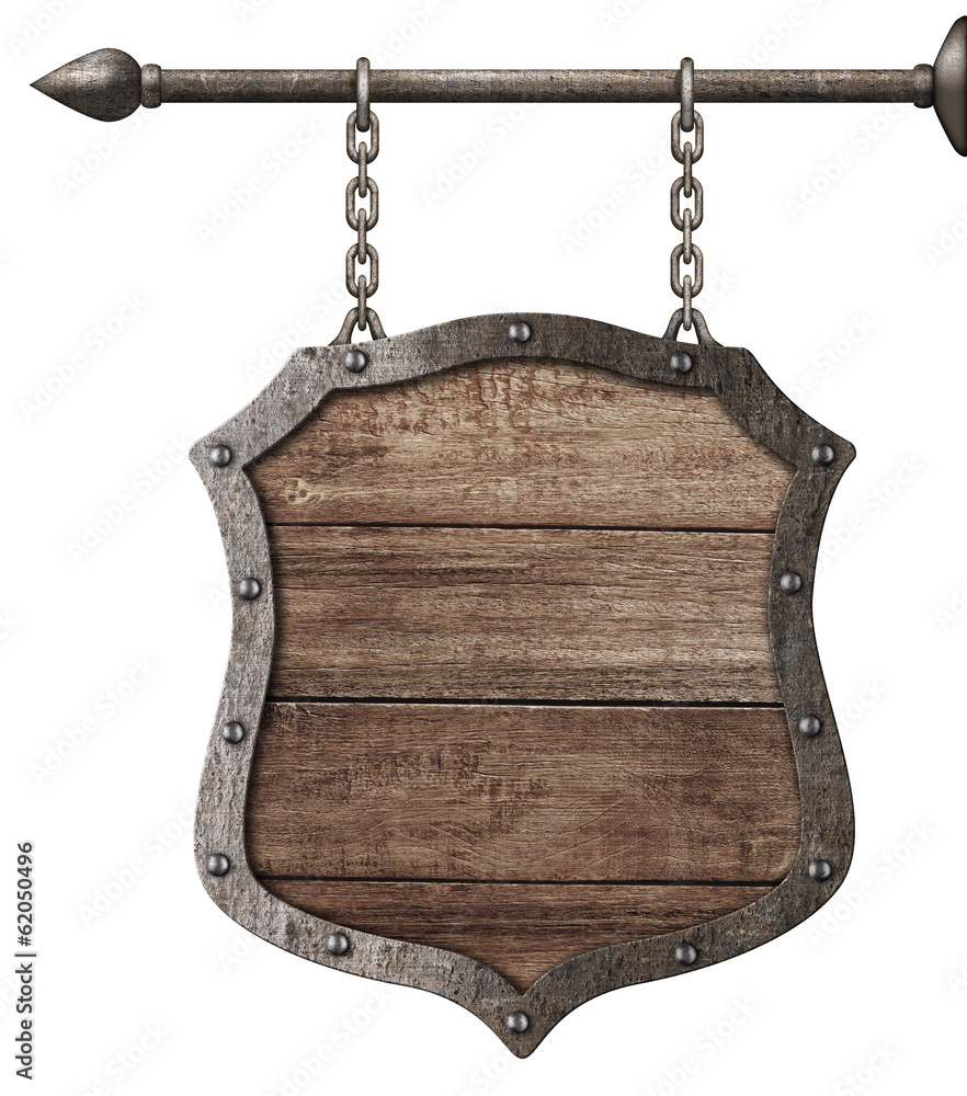 medieval wood sign or shield hanging on chains isolated on white Stock ...