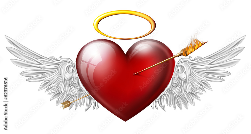 red heart with angel wings pierced by an arrow of fire Stock ...