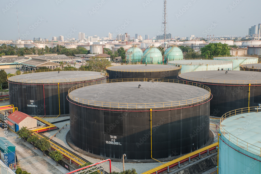 Landscape of oil refinery industry with oil storage tank Stock Photo ...