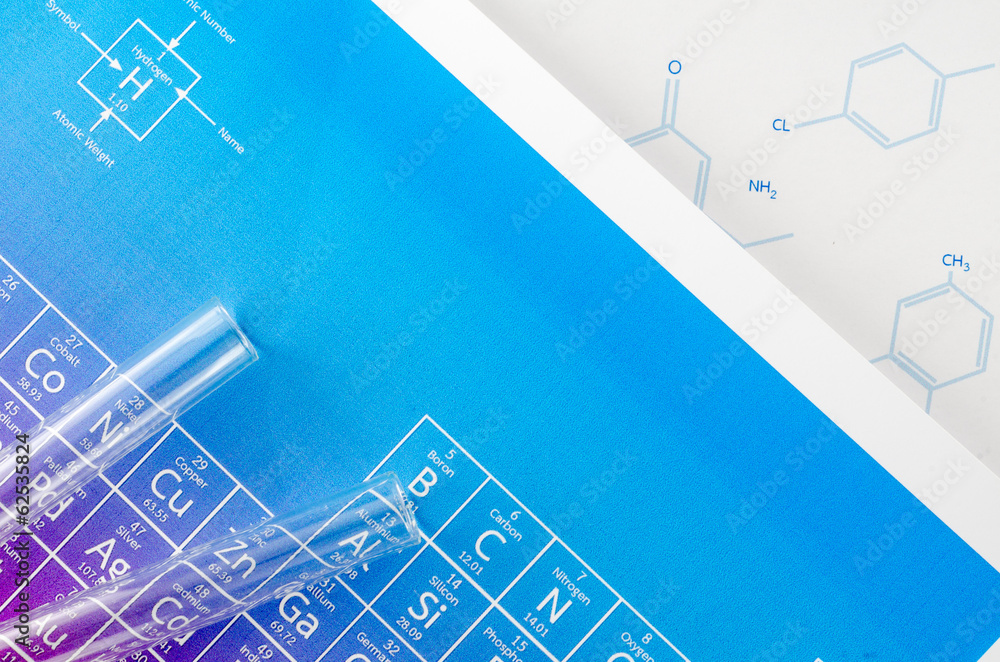 Laboratory glassware and periodic table of elements. Stock Photo ...