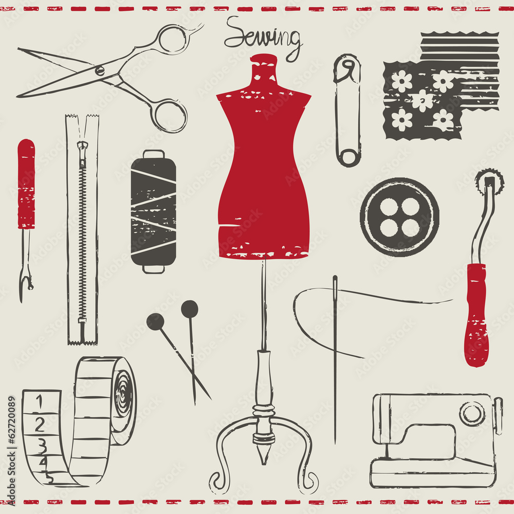 Vintage hand drawn sewing related symbols 2 Stock Vector | Adobe Stock