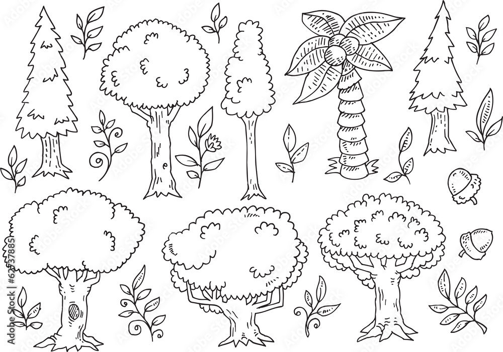 Tree Forest Doodles Vector Illustration Art Set Stock Vector | Adobe Stock