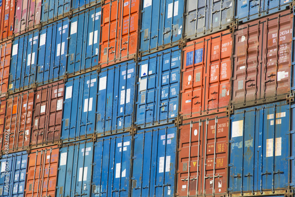 A stack of cargo containers, commercial freight containers, packed ...