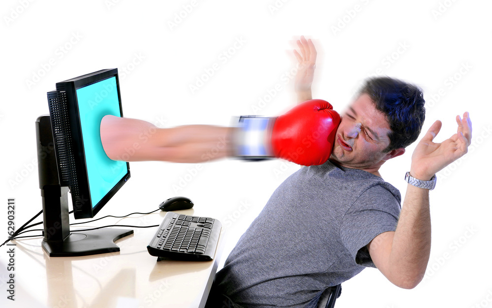 Foto Stock man with computer in cyberbullying social network mobbing ...