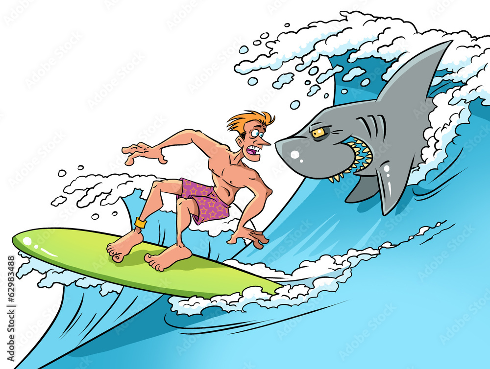 Surfer and smiling shark Stock Illustration | Adobe Stock