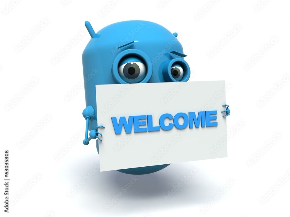 Cute blue robot with message board 'welcome'. Stock Photo | Adobe Stock