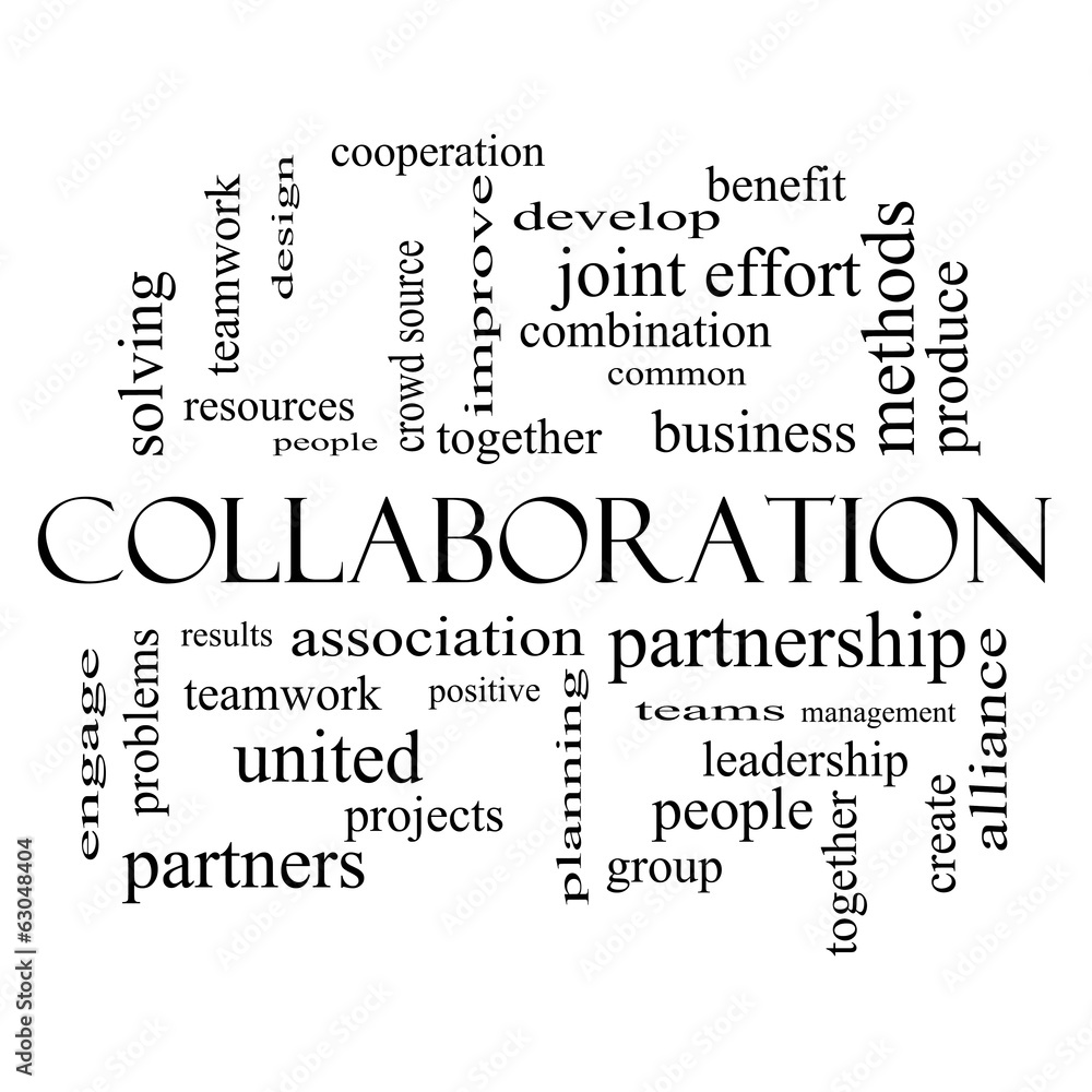 Collaboration Word Cloud Concept in black and white Stock Illustration ...