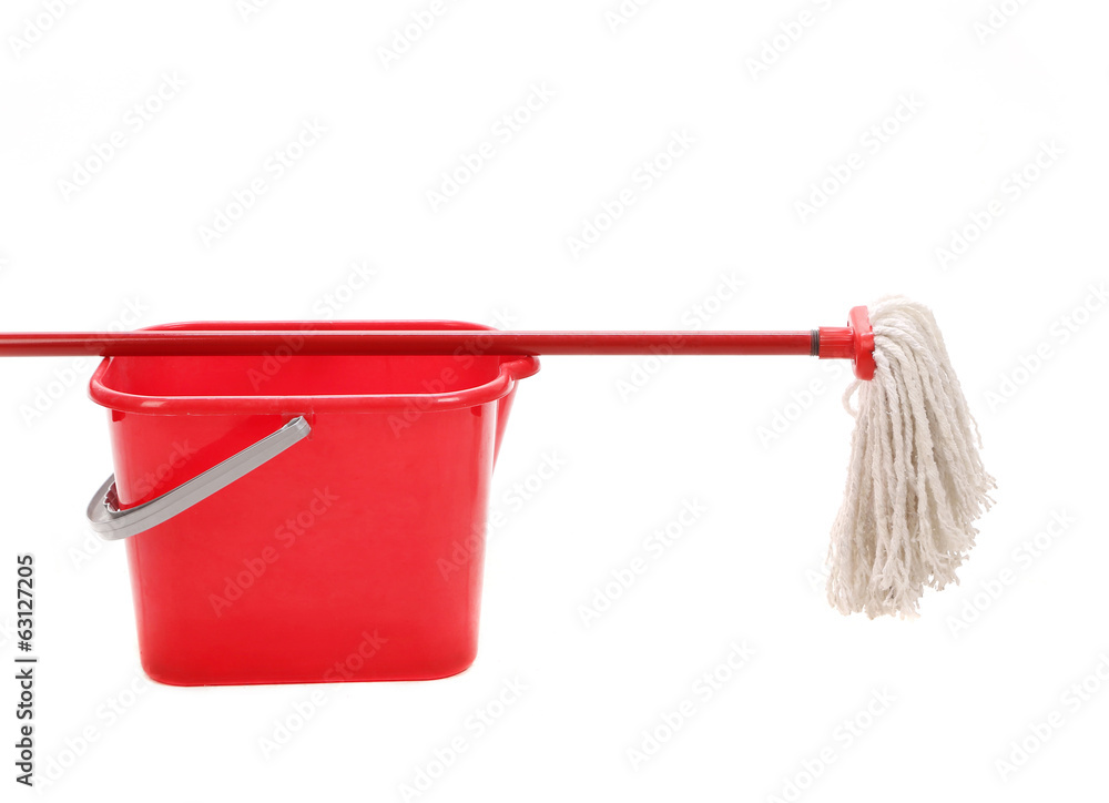 Red bucket with cleaning mop. Stock Photo | Adobe Stock