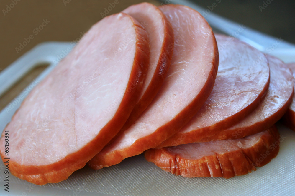 Thick slices of delicious ham on cutting board Stock Photo | Adobe Stock