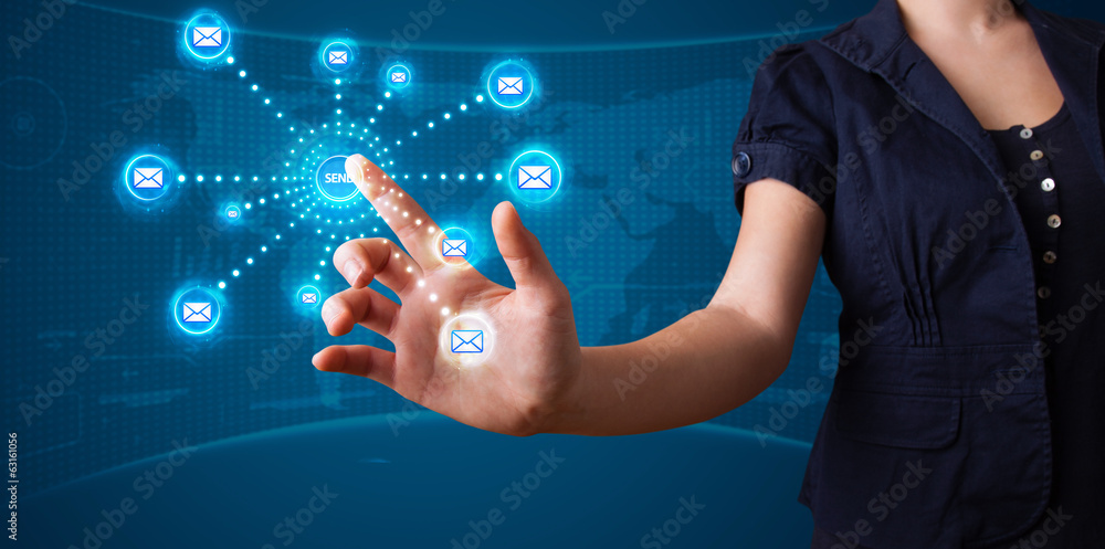 Woman pressing virtual messaging type of icons Stock Photo | Adobe Stock