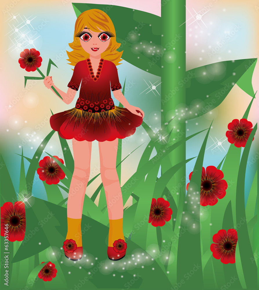 Young red poppy girl, vector illustration Stock Vector | Adobe Stock