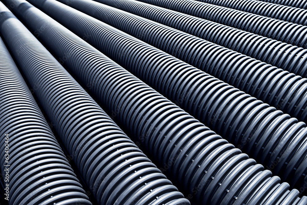 Close up of black plastic pipes with diminishing perspective Stock ...