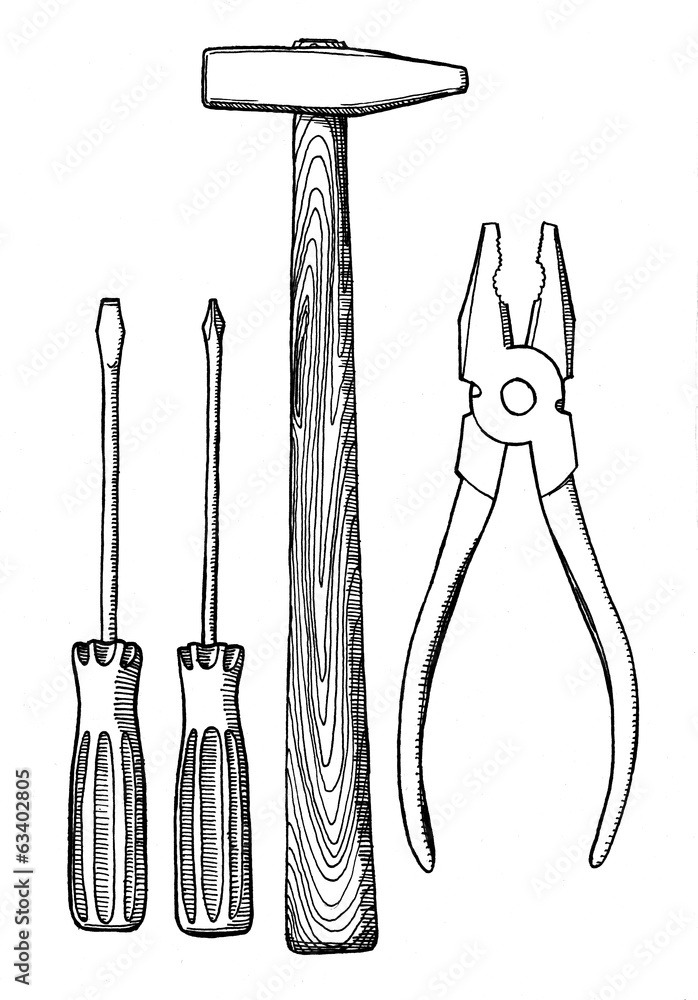 Mechanic four tools set drawing ink isolated on white background Stock ...