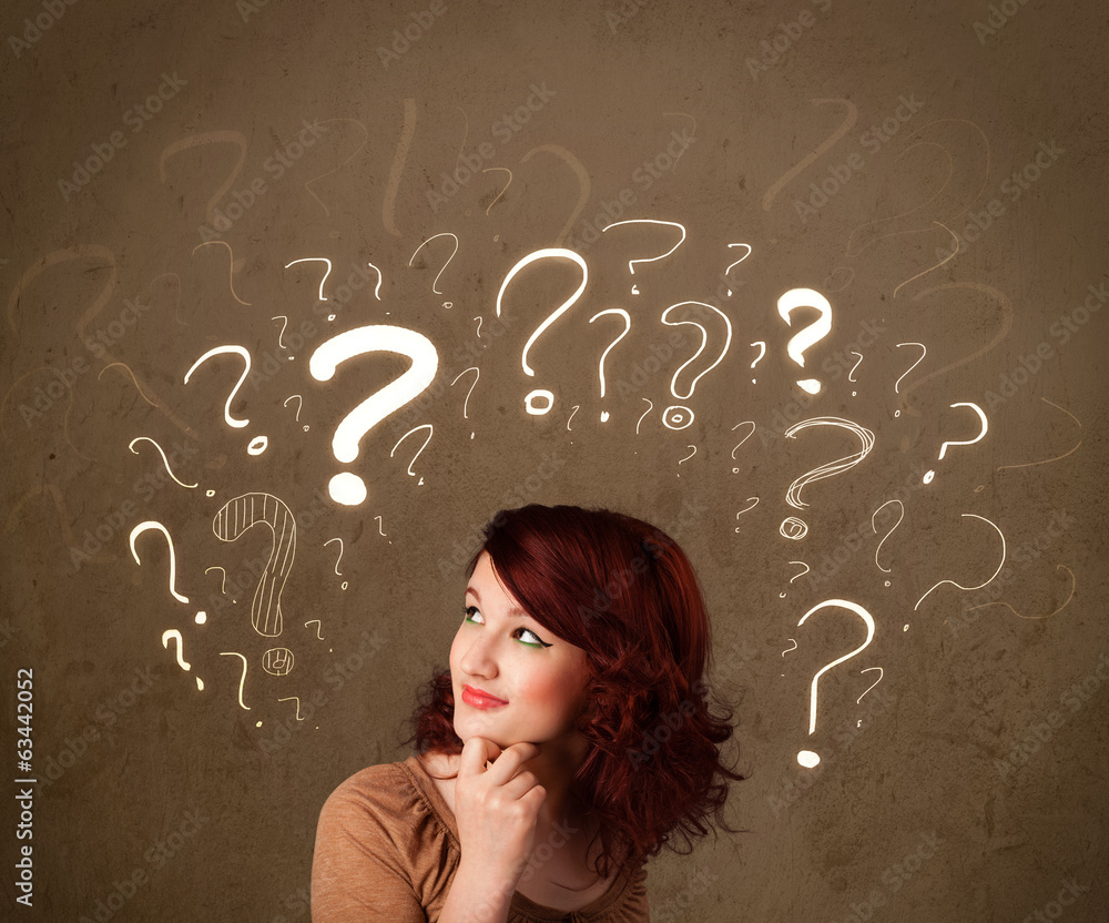 girl with question mark symbols around her head Stock Photo | Adobe Stock