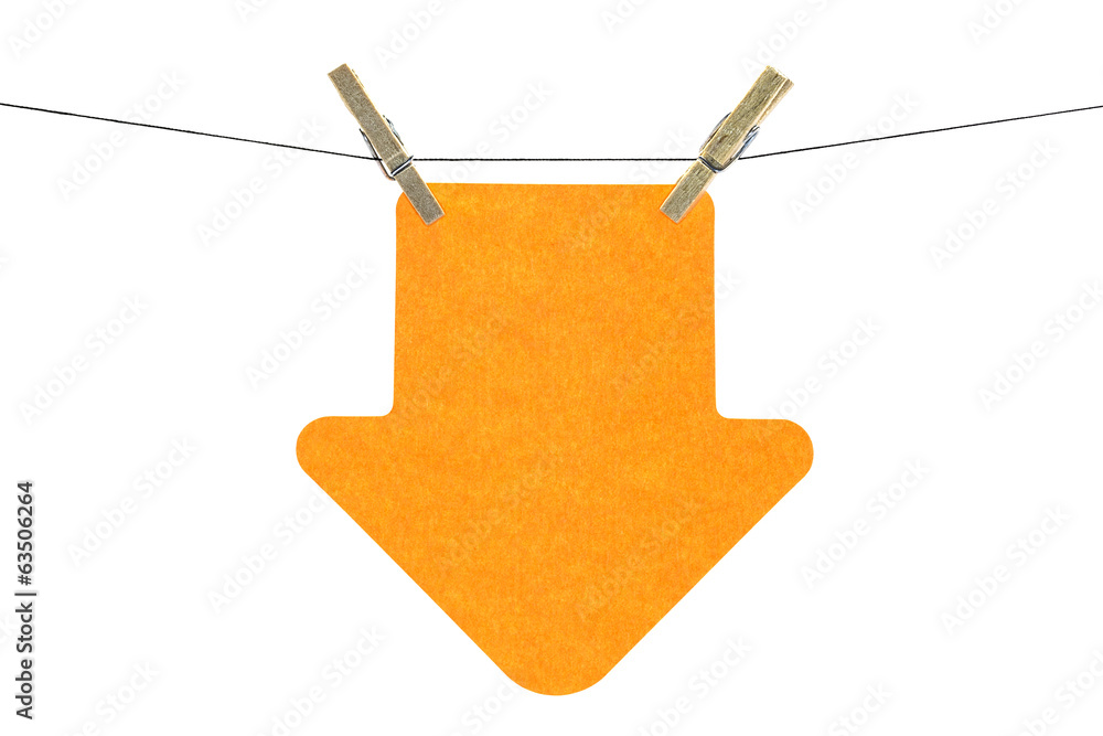 Flat orange arrow sticky note hanged, on white background Stock Photo ...
