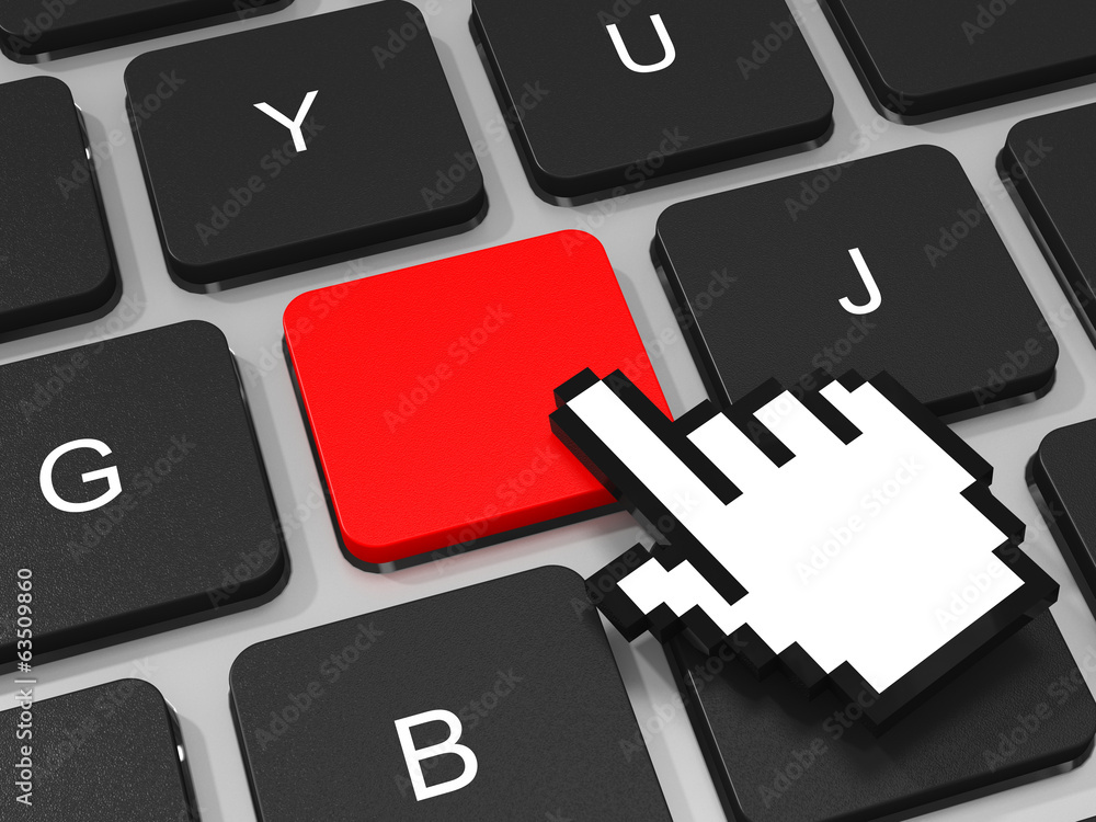 Red key and hand cursor on keyboard of laptop computer. Stock ...