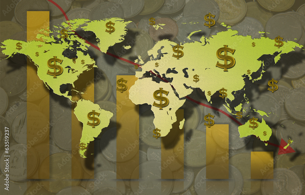 World map and dollar sign with coin and bar-graph background Stock ...
