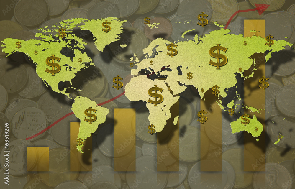 World map and dollar sign with coin and bar-graph background Stock ...