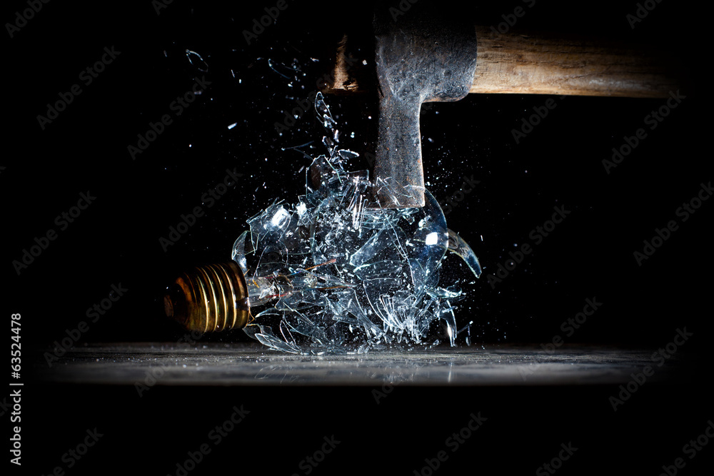 high speed image, hammer hitting a light bulb reproduced in the exact ...