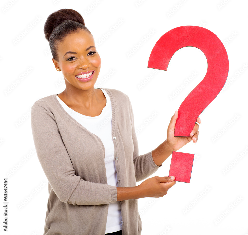 afro american woman holding question mark Stock Photo | Adobe Stock