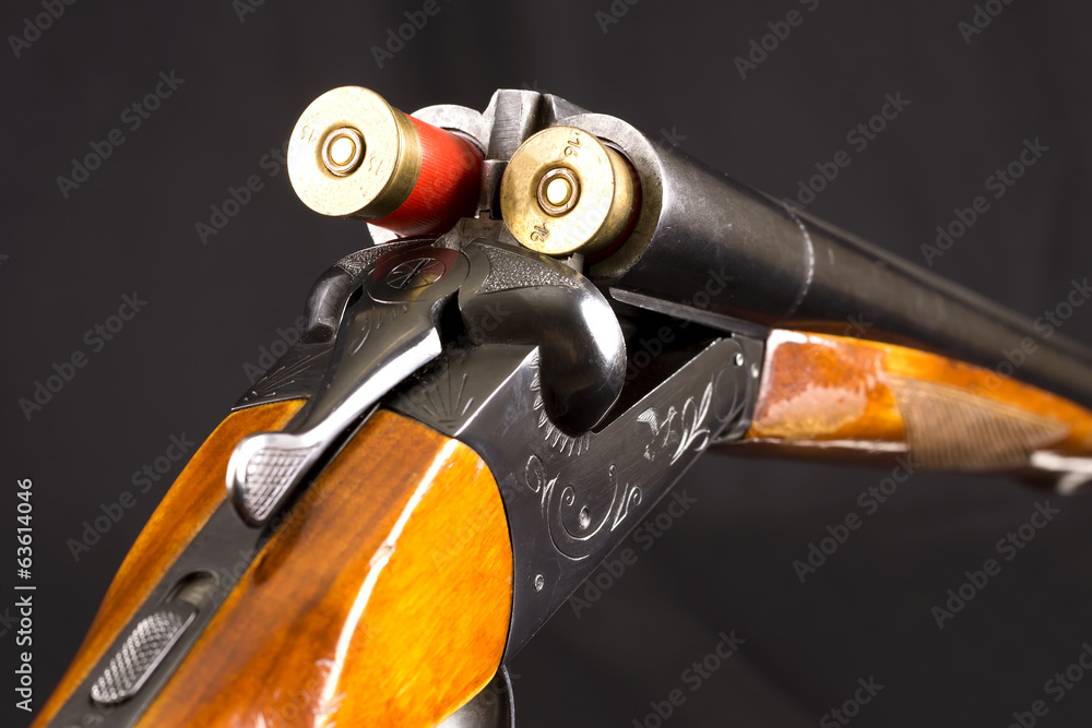 Opened double-barrelled hunting gun with two cartridges Stock Photo ...