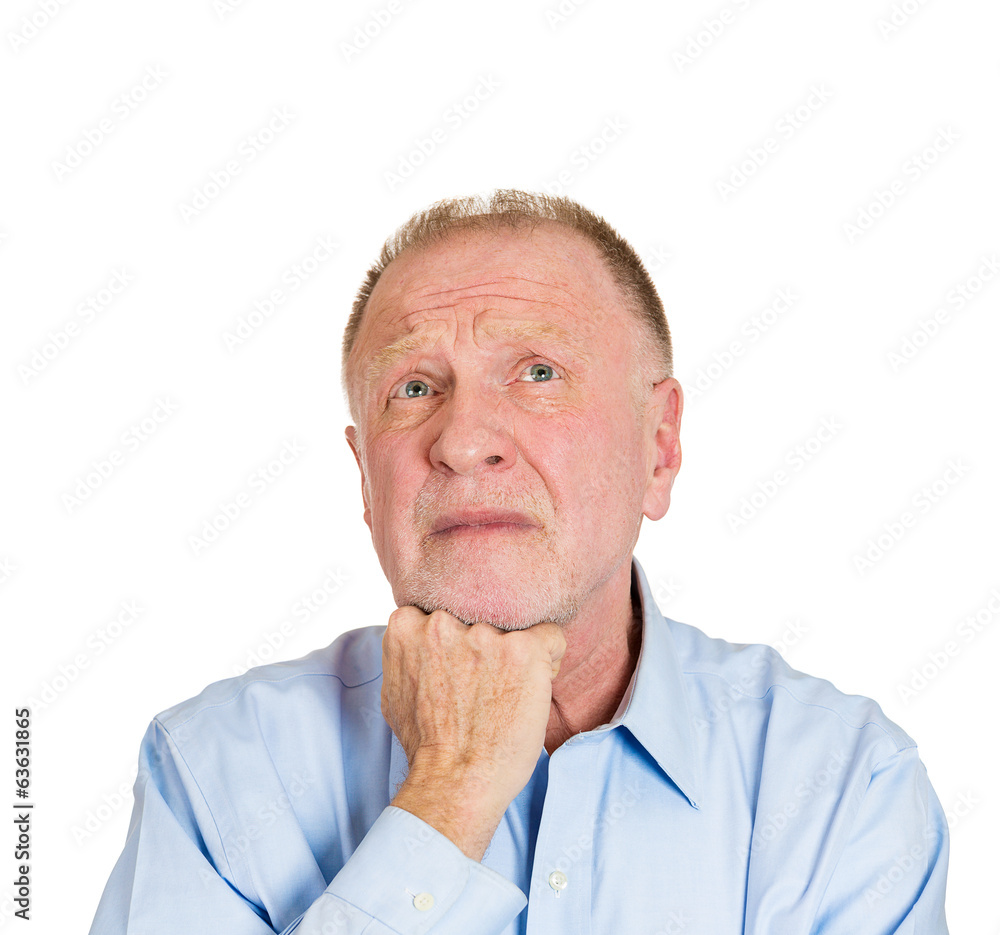 Sad older man thinking looking up isolated on white background Stock ...