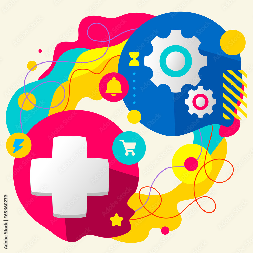 Plus and gears on abstract colorful splashes background with dif Stock ...