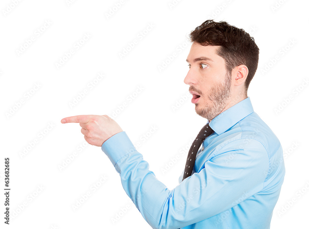 Side view Surprised pointing man isolated on white background Stock ...