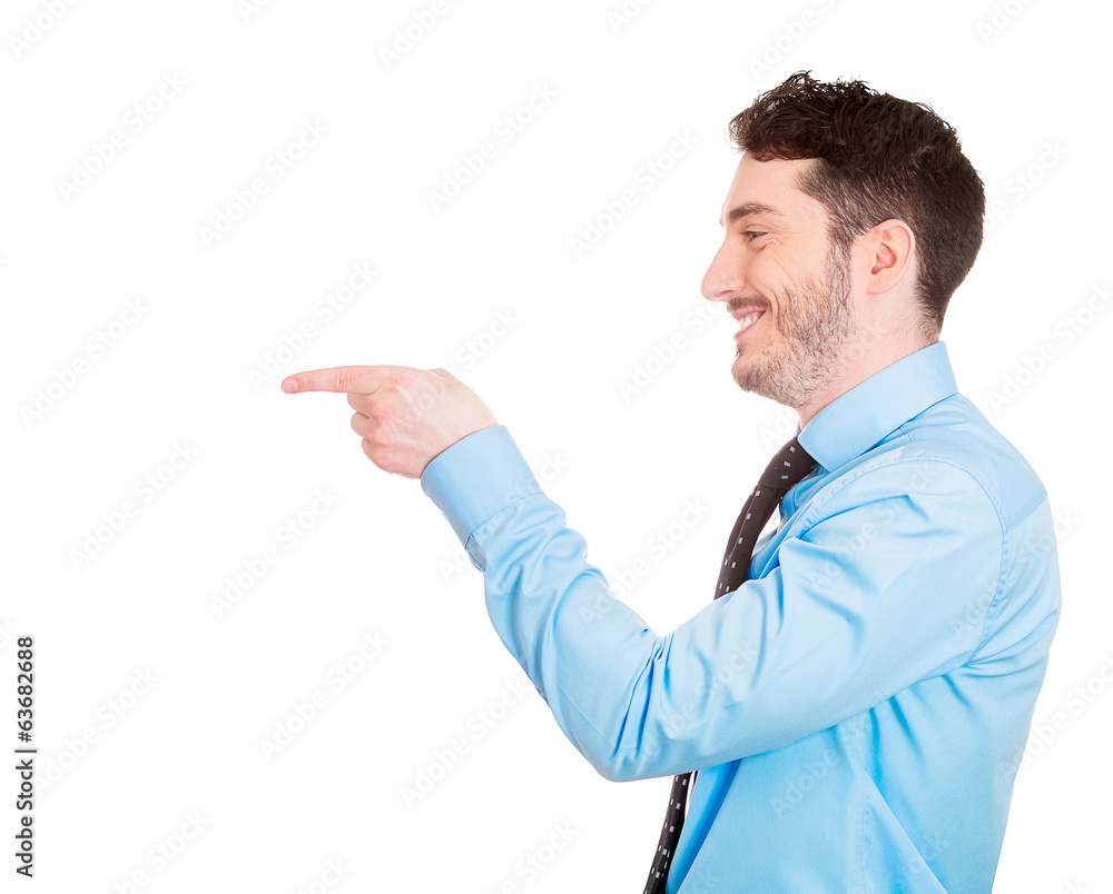 Smile and point. Side view profile Portrait man laughing Stock Photo ...