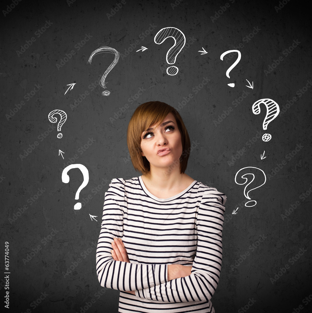 Young woman thinking with question mark circulation around her h Stock ...