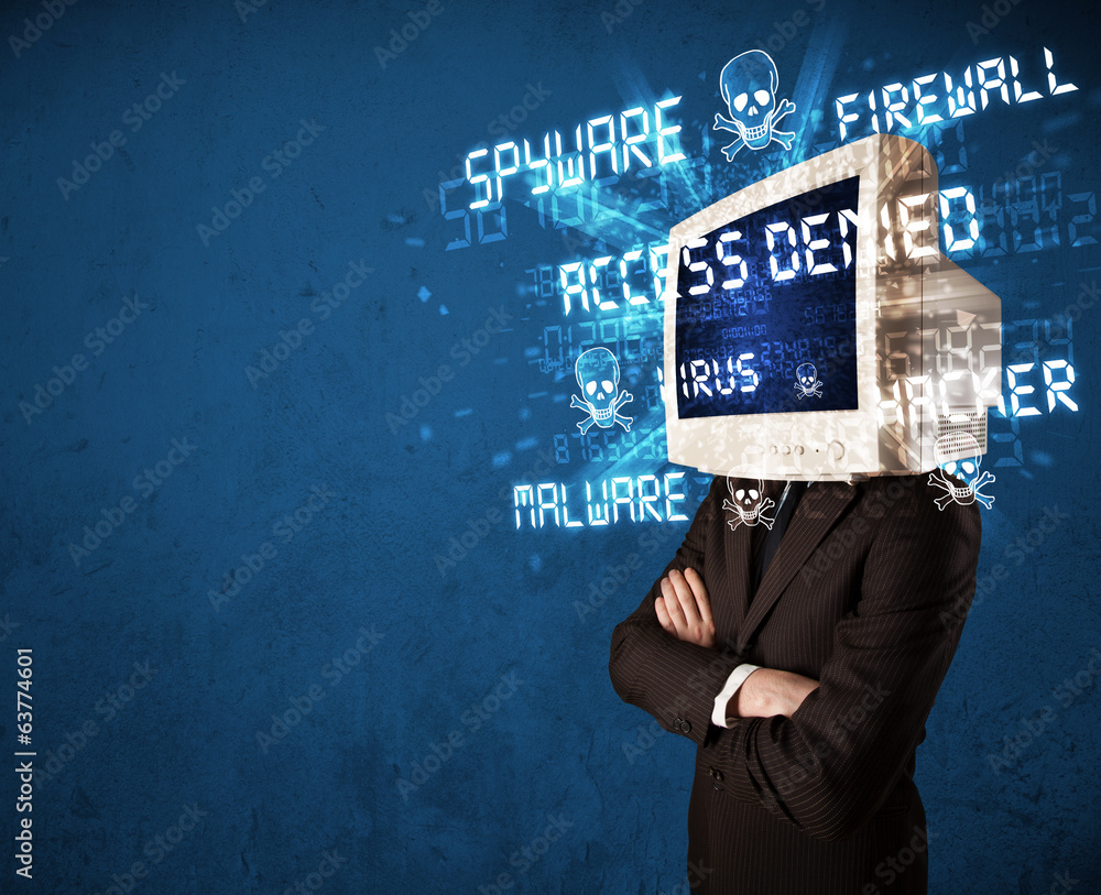 Monitor head person with hacker type of signs on the screen Stock Photo ...