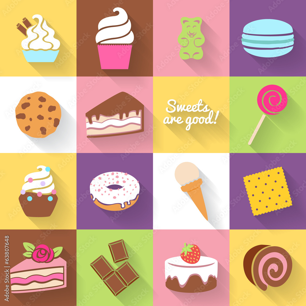 Different sweets icons set in flat style. Stock Vector | Adobe Stock
