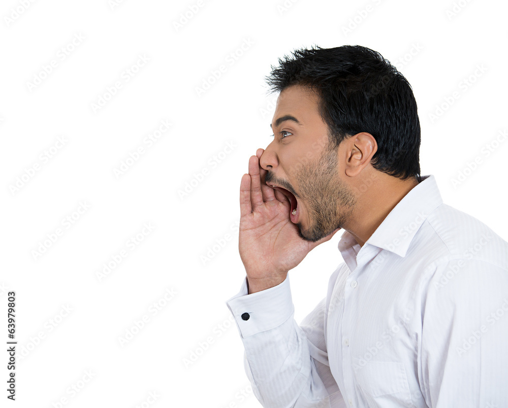 Side view portrait Yelling, man hands in air on white background Stock ...