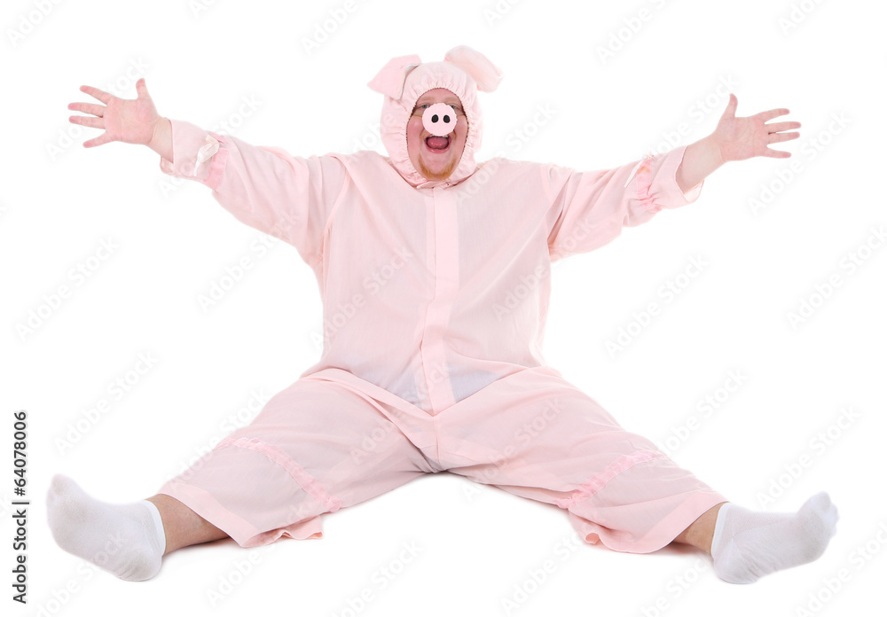 Fat man in pig costume isolated on white Stock Photo | Adobe Stock