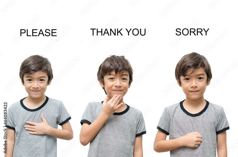 Please thank you sorry kid hand sign language on white backgroun Stock ...